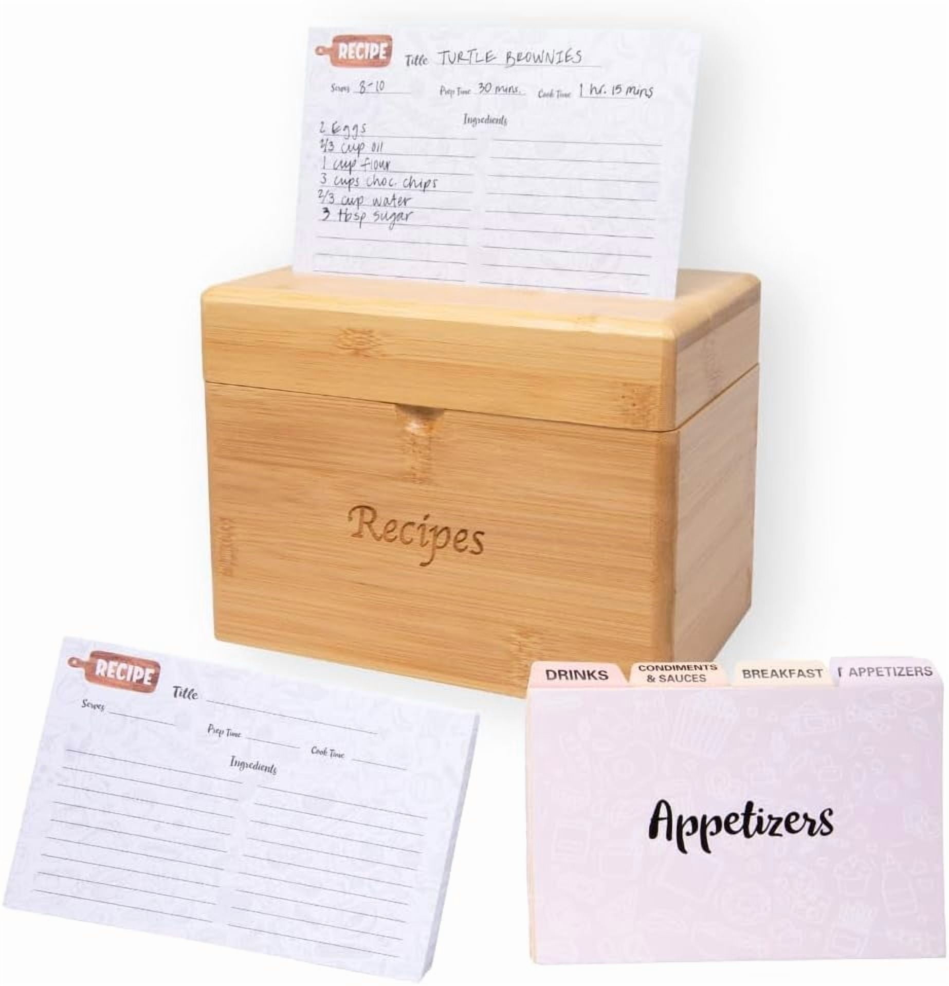 Bamboo Recipe Box with Cards and Dividers - Elegant Recipe Cards and ...