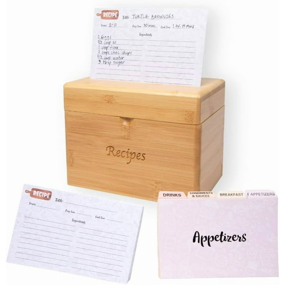 Bamboo Recipe Box with Cards and Dividers - Elegant Recipe Cards and ...