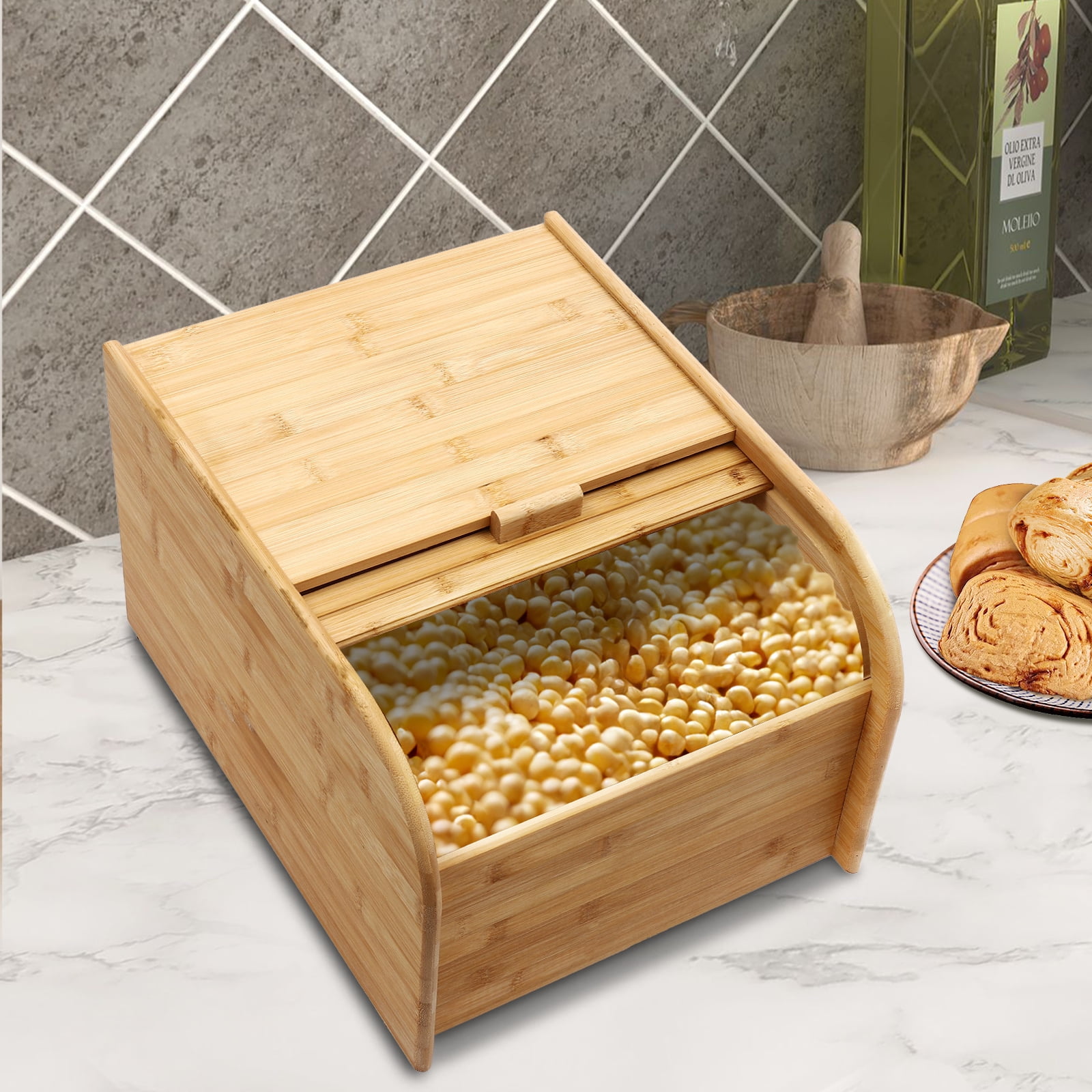 Bamboo Rice Storage Container,33Lbs Wooden Cereal Containers Storage ...