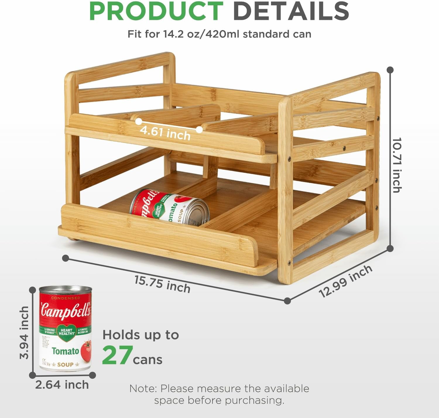Bamboo Rolling Can Organizer for Pantry, Stackable 2 Tier Canned Food ...