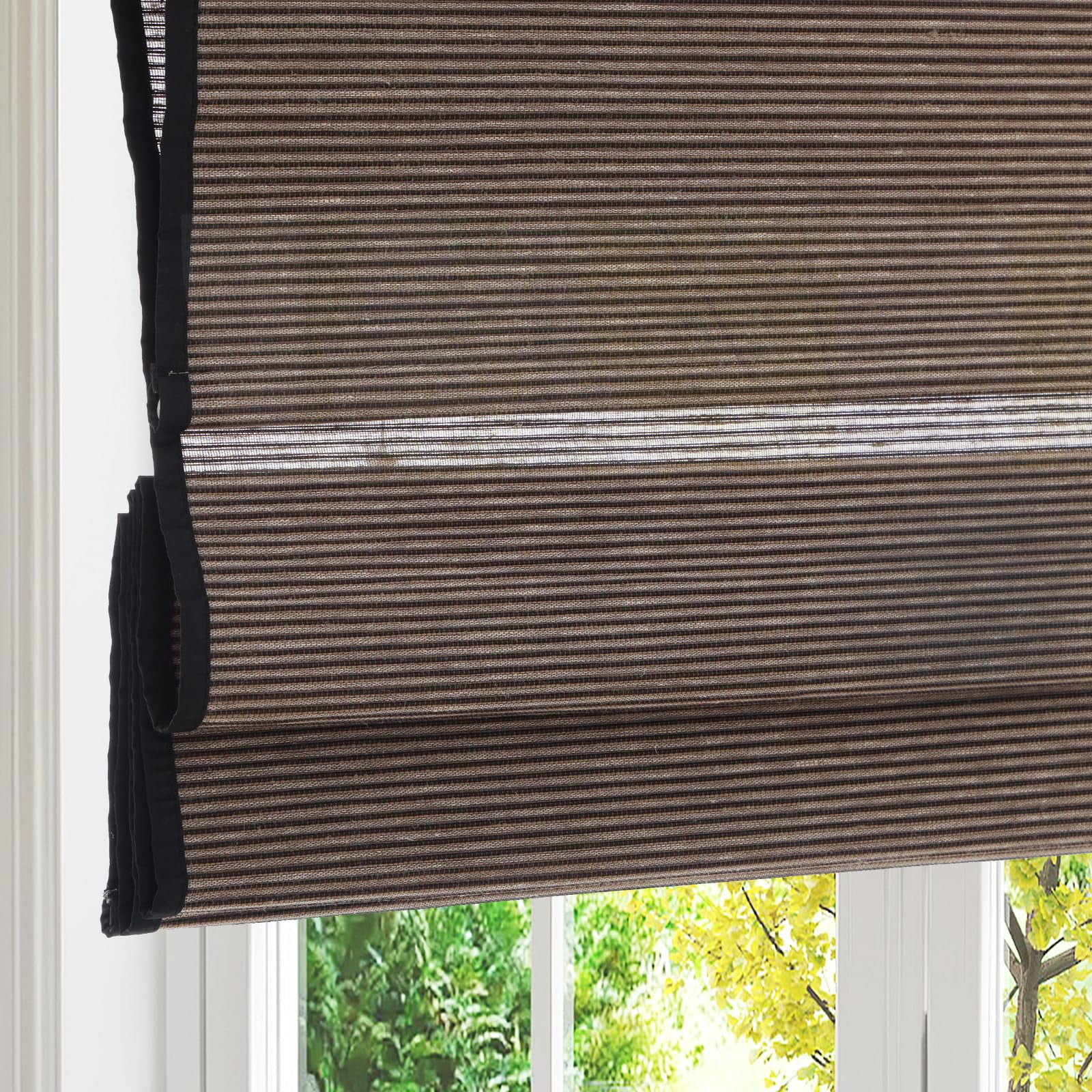 Bamboo Roman Shades, Natural Reef Cordless Custom Blackout Woven Wood ...