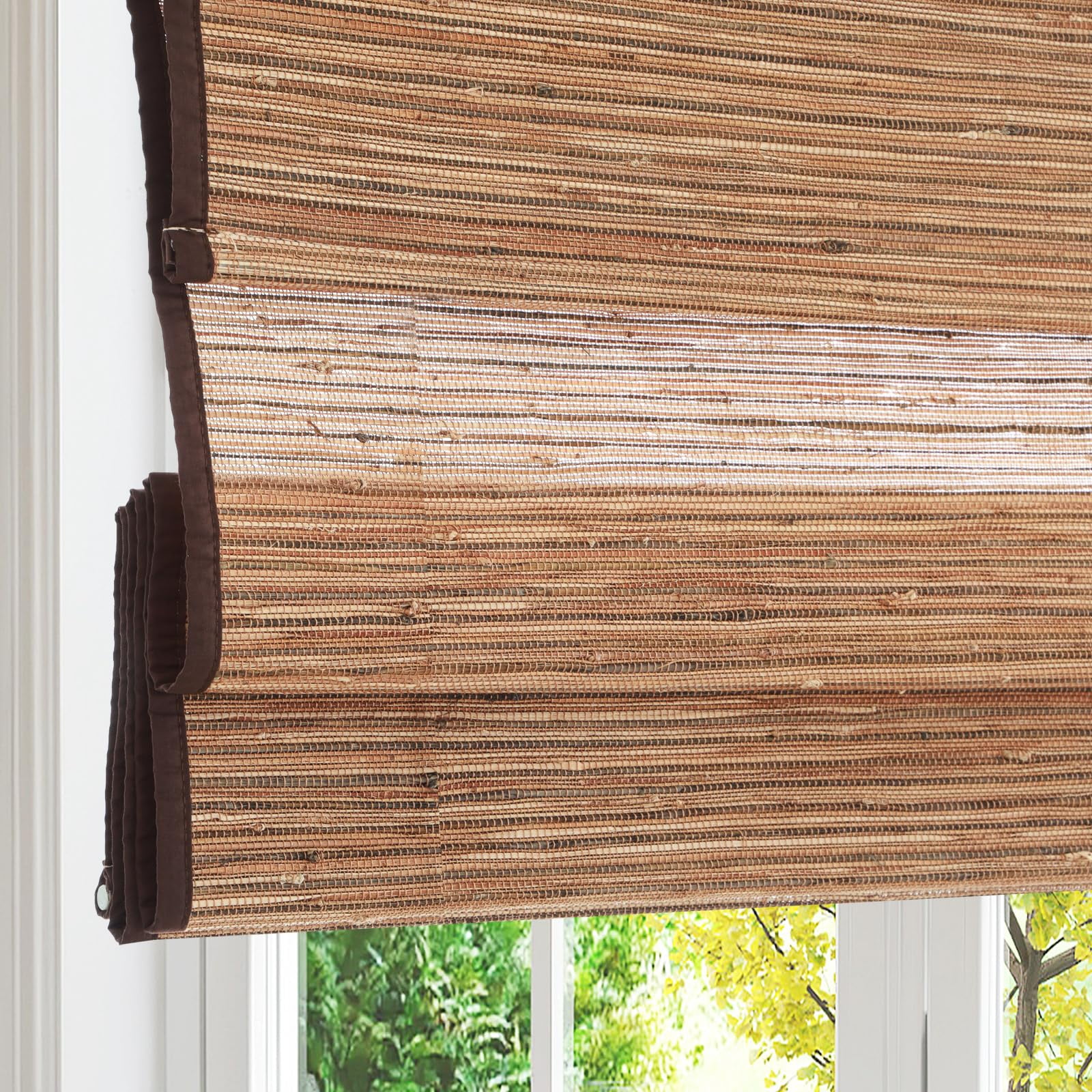 Bamboo Roman Shades, Natural Reef Cordless Custom Blackout Woven Wood ...