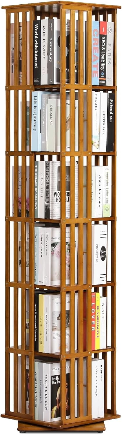 Bamboo Rotating Bookcase 6-Tierd Rotating Bookshelf Tower for Storage ...