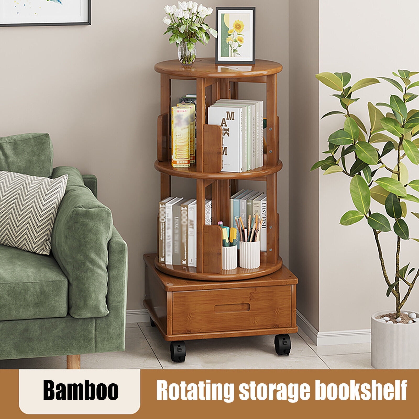 Bamboo Rotating End Table Bookcase with Rolling Wheels, Storage Side ...