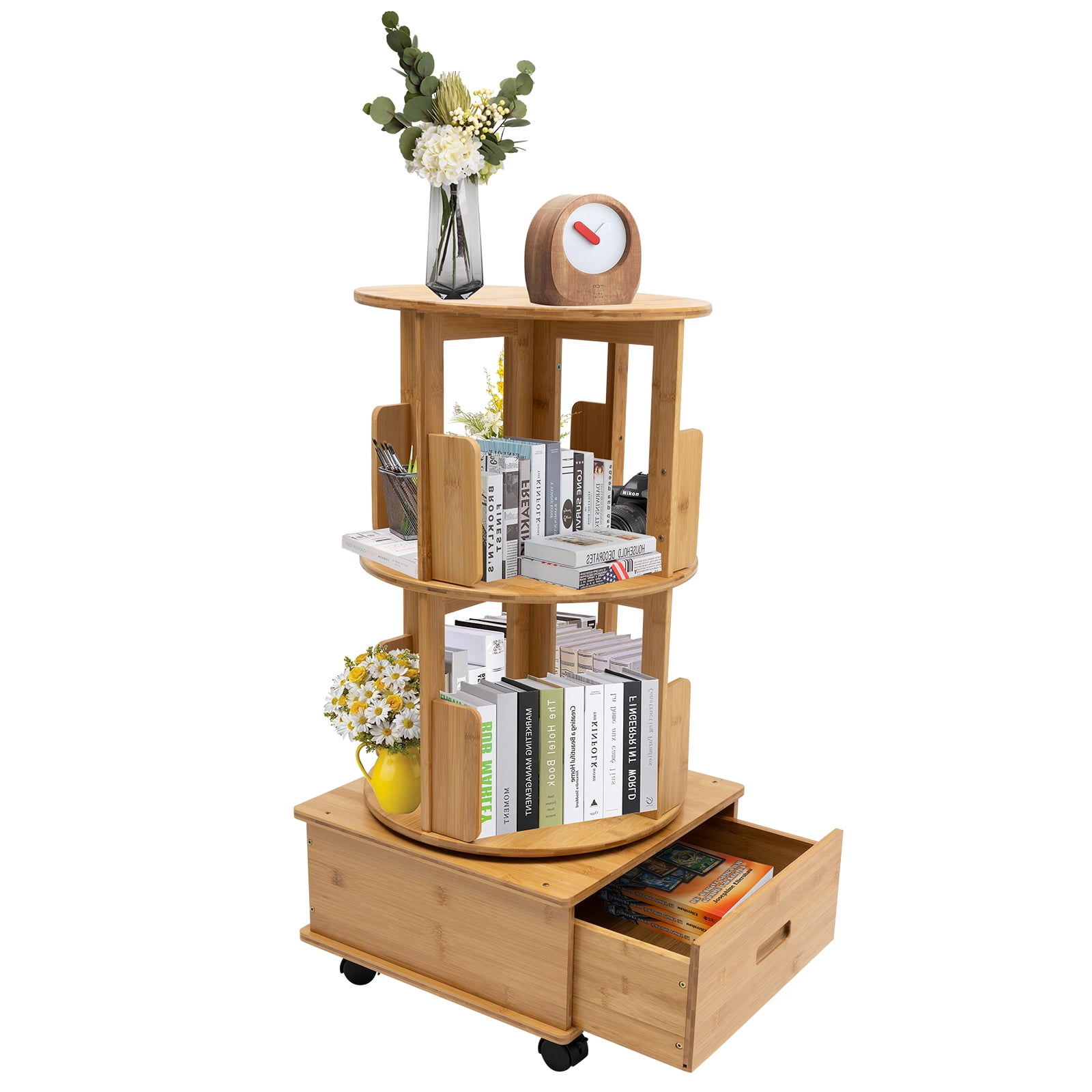 Bamboo Rotating End Table with 360° Rotation, Large Storage, 2 Tiers, 8 ...