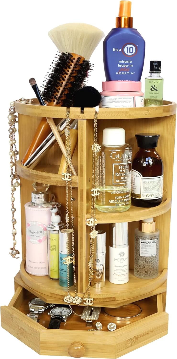 Bamboo Rotating Makeup Organizer with Adjustable Shelves & Drawer ...