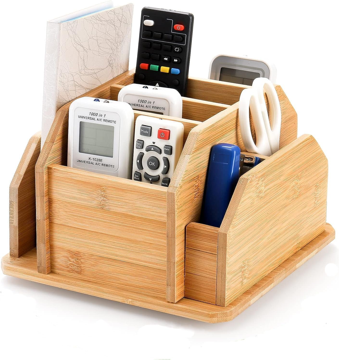 Bamboo Rotating Remote Control Holder for Table, 7 Compartments Office ...
