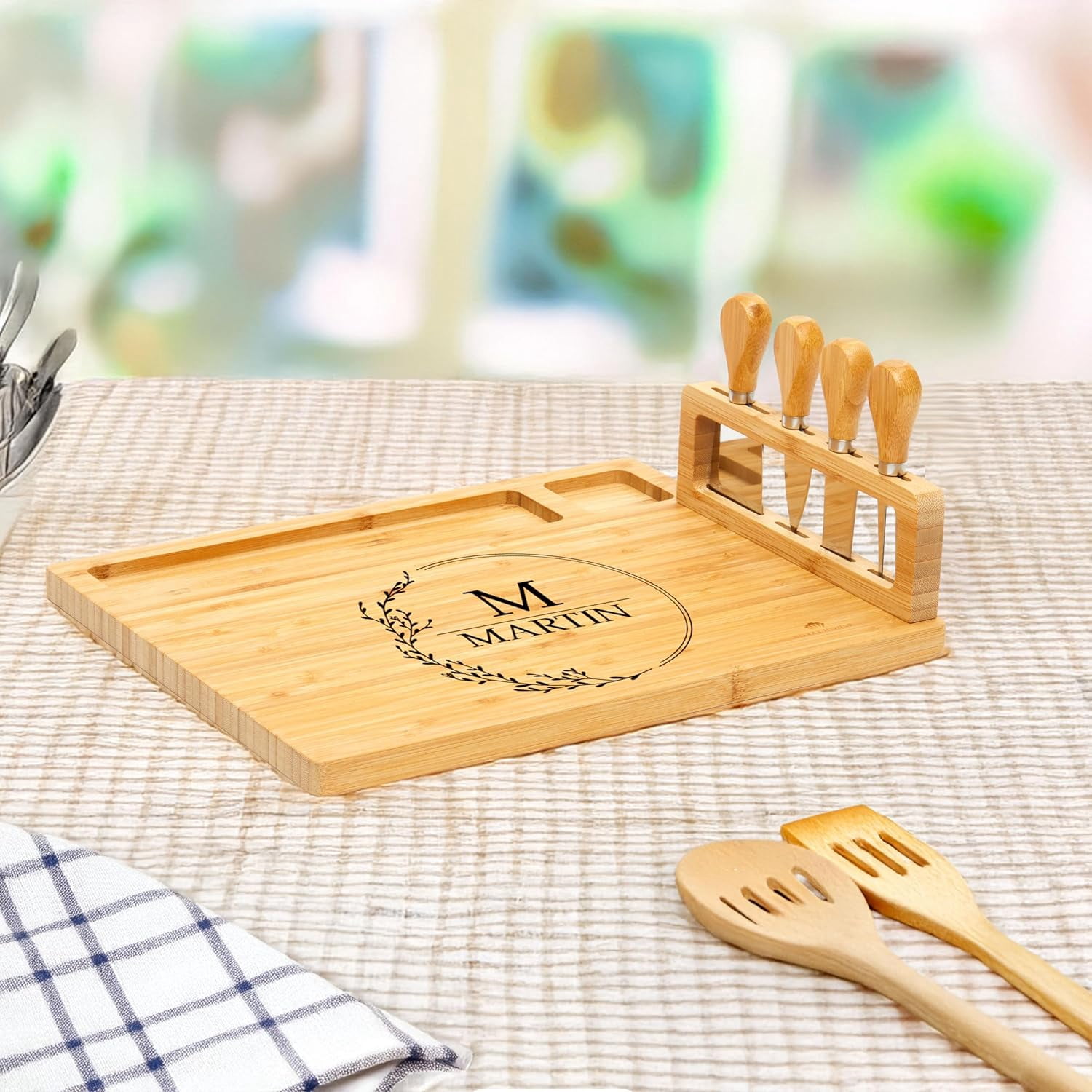 Bamboo Round Cheese Board and 4 Knives Set with Slide-Out Cutlery ...