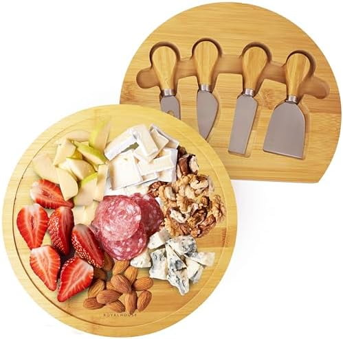 Bamboo Round Cheese Board and 4 Knives Set with Slide-Out Cutlery ...