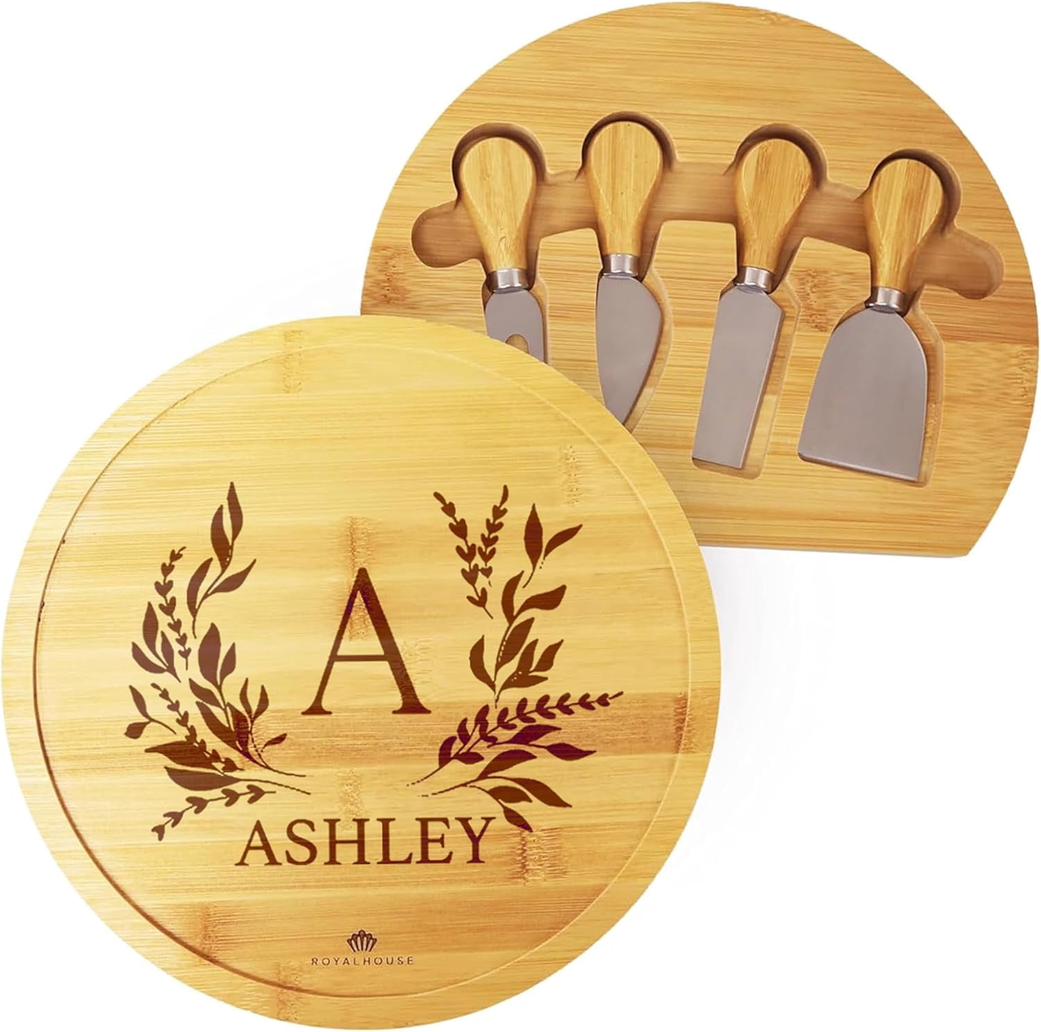 Bamboo Round Cheese Board and 4 Knives Set with Slide-Out Cutlery ...
