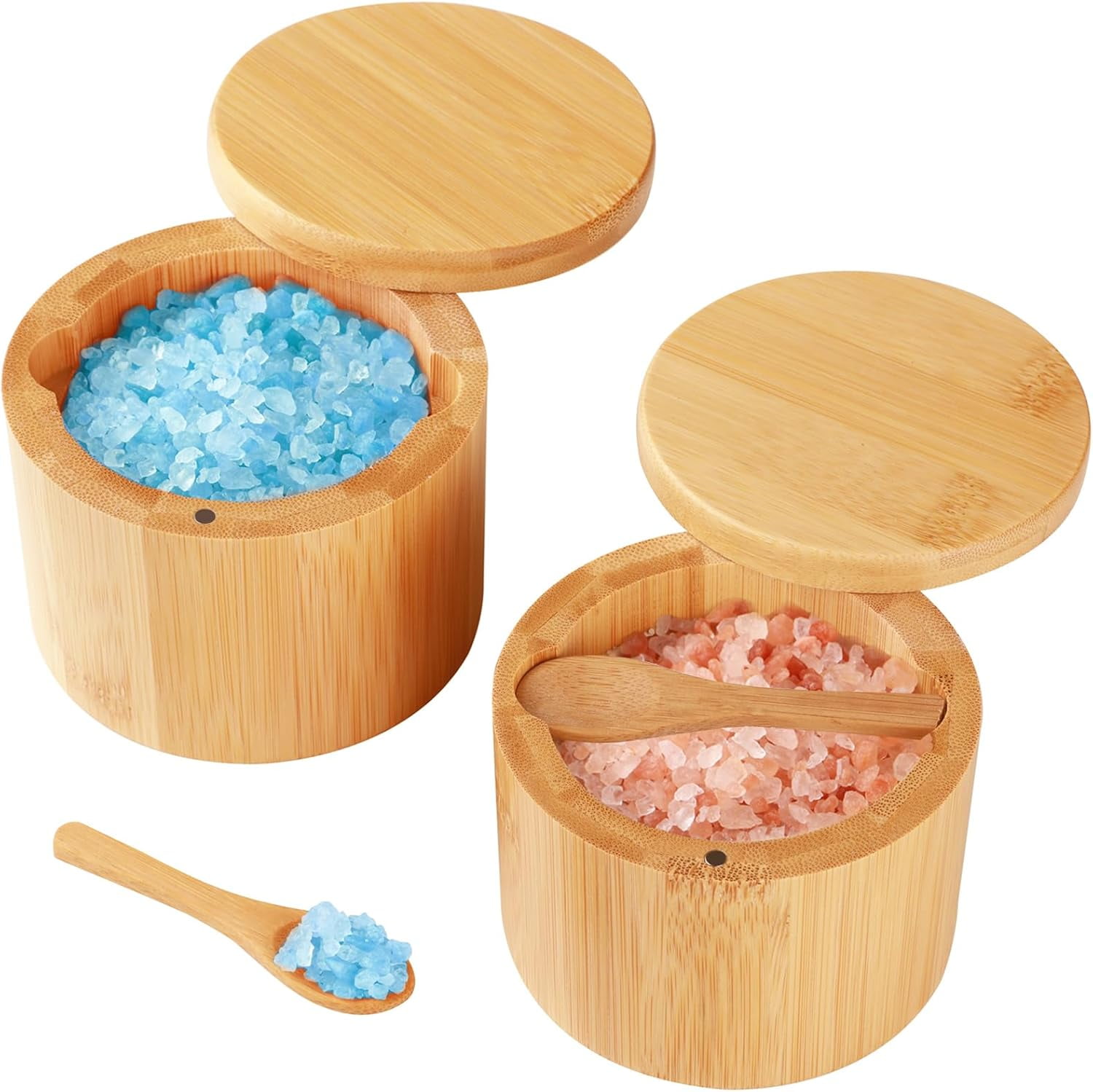 Bamboo Salt Cellar, 2 PCS Salt Container with Built-in Spoon, Salt Box ...