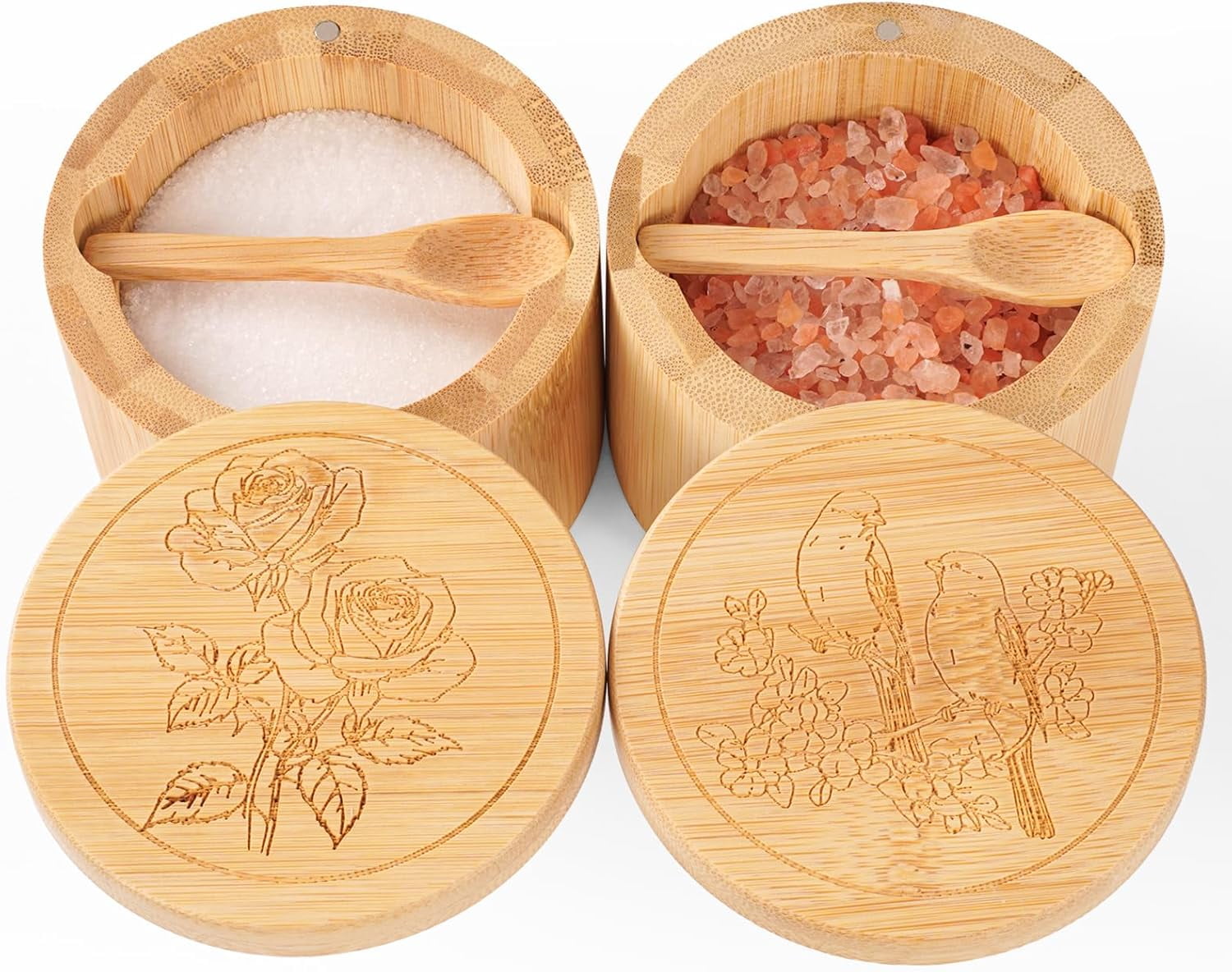 Bamboo Salt Cellar, 2 PCS Salt Container with Built-in Spoon, Salt Box ...
