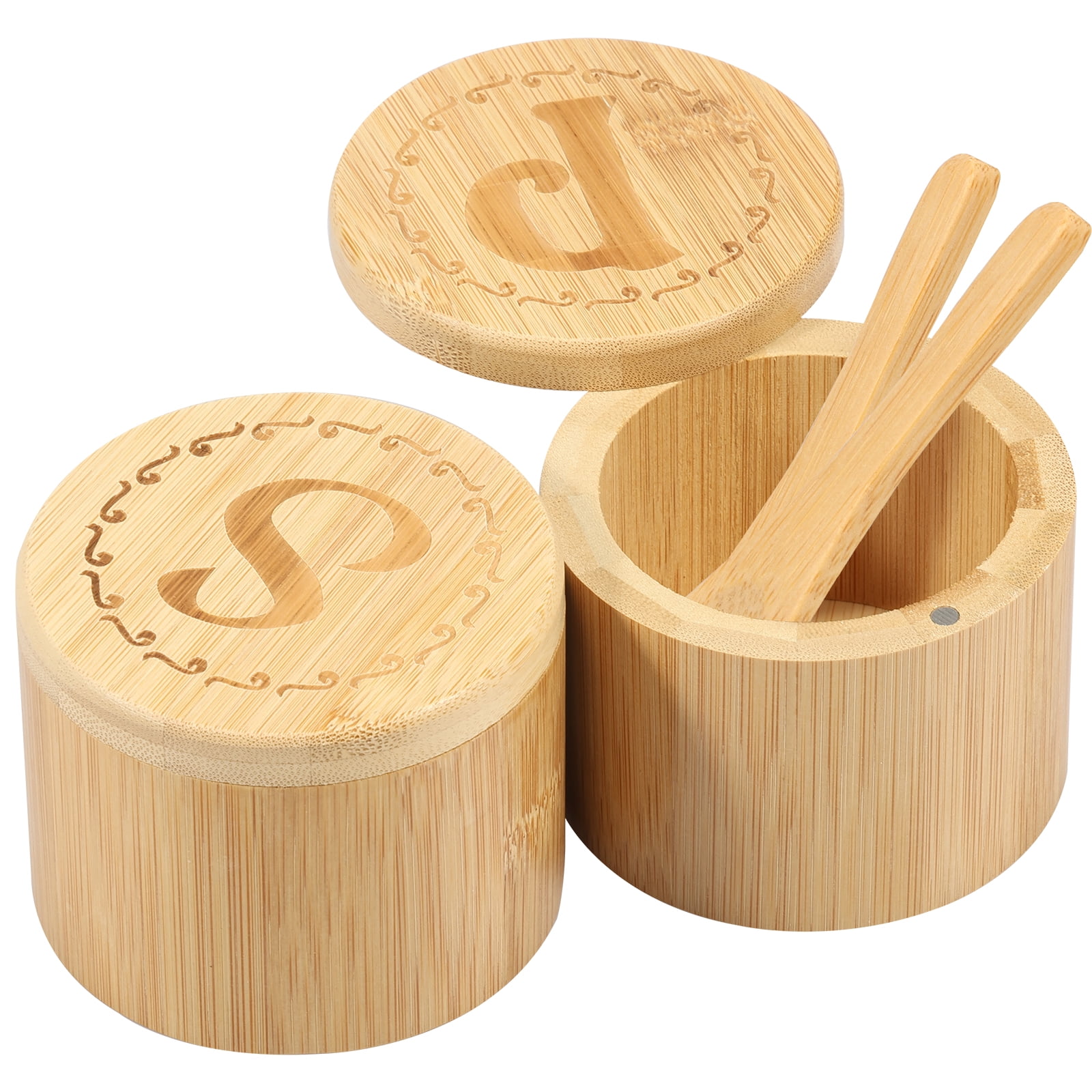 Bamboo Salt Cellar Set with Magnetic Lid Bamboo Salt and Pepper Bowls ...