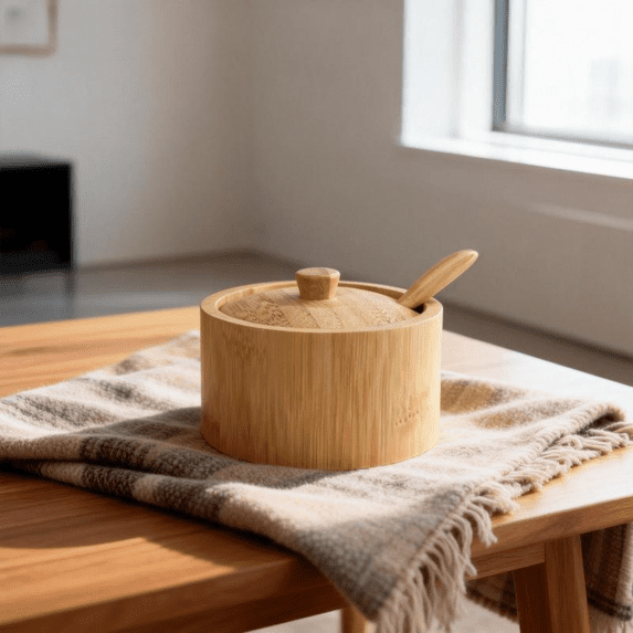 Bamboo Salt Cellar with Closure Lid and Mini Spoon A With Spoon Natural ...