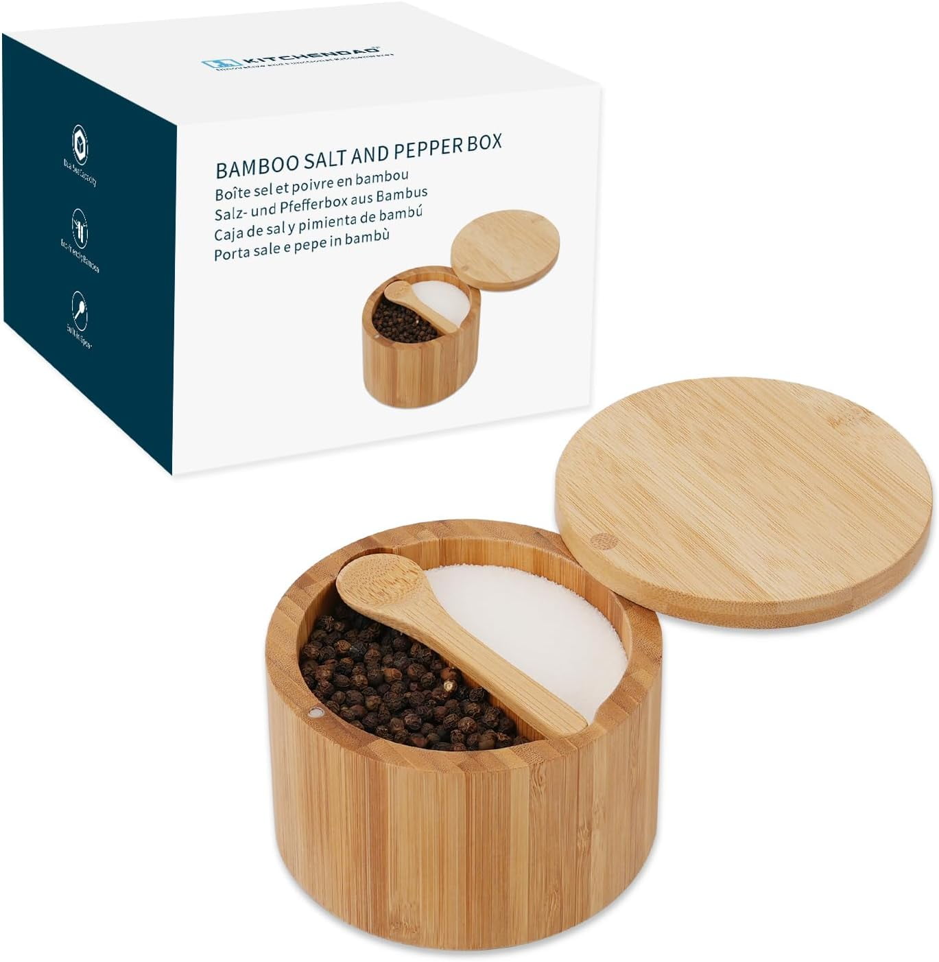 Bamboo Salt and Pepper Bowl Box Cellar, Built-in Spoon, Two ...