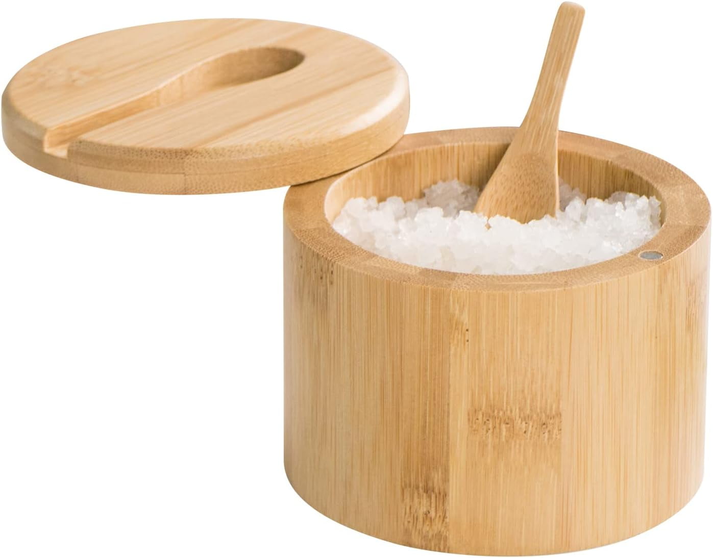Bamboo Salt Cellar Bowl Box Container with Built-in Spoon, Kitchen Salt ...