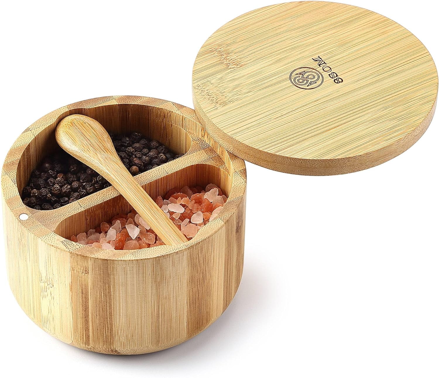 Bamboo Salt and Pepper Box with Swivel Lid, Embedded Spoon, Magnetic ...