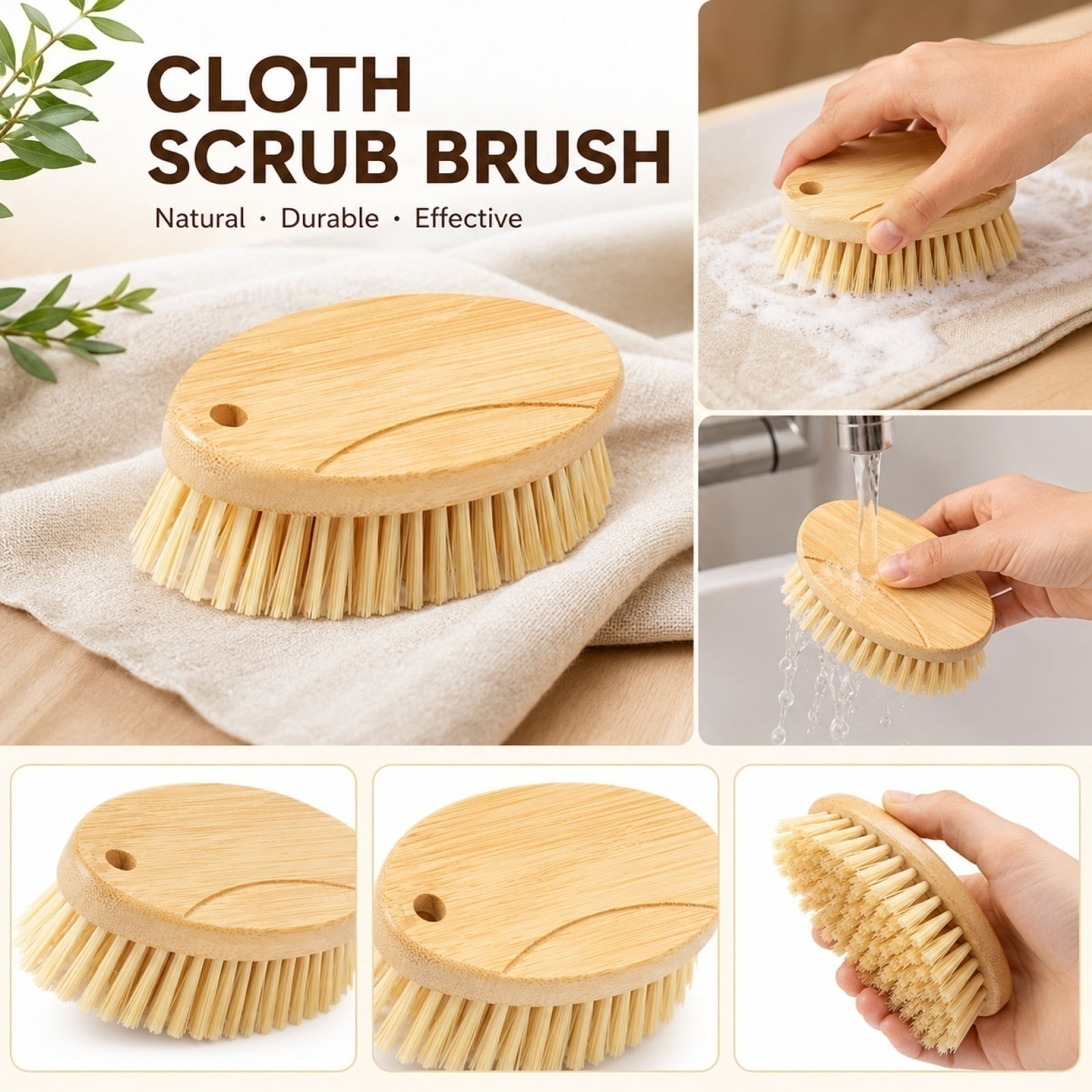 Bamboo Scrub Brush Oval Wooden Body Brush Fiber Bristles for Deep ...