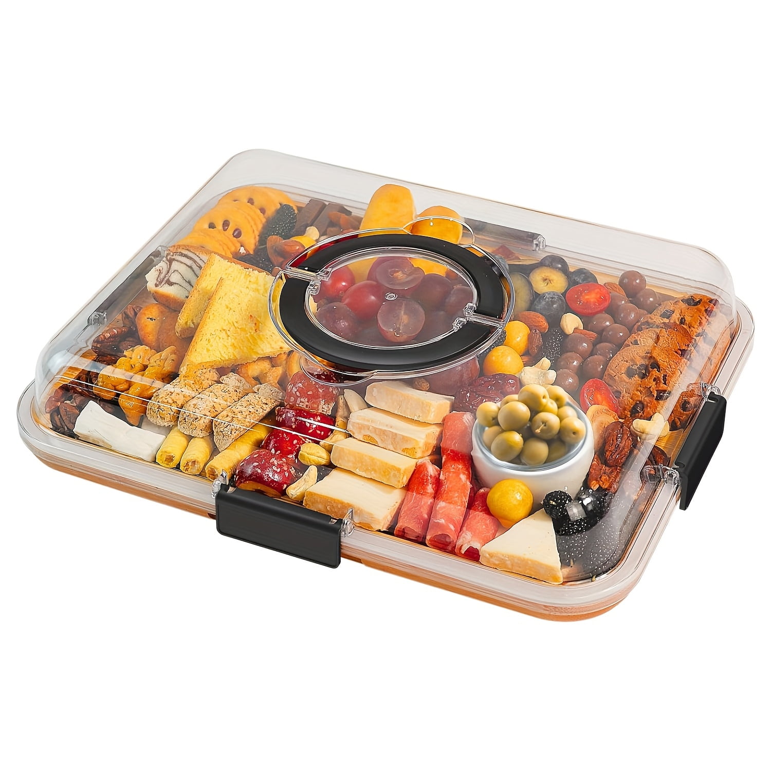 Bamboo Serving Tray with Clear Cover, 8-Compartment Tiered Charcuterie ...