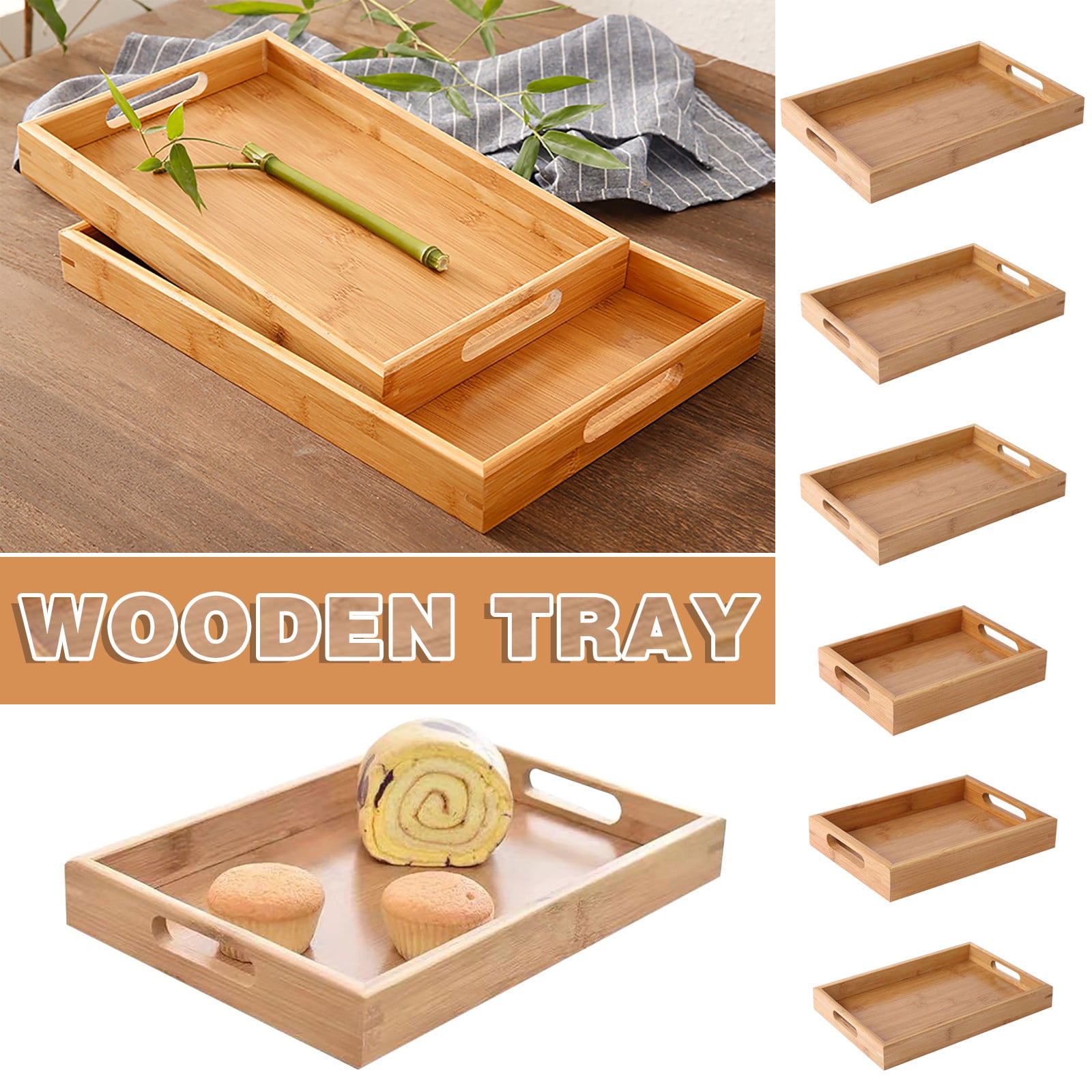 Bamboo Serving Tray with Handles, Rectangular Wooden Breakfast Food ...