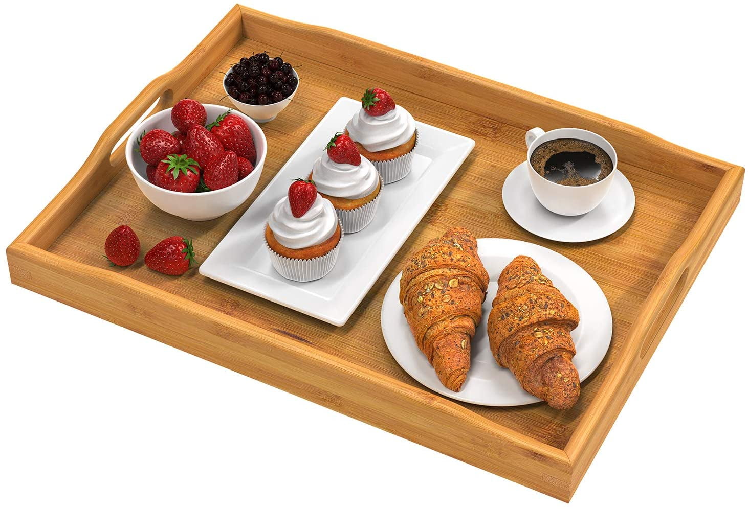 Bamboo Serving Tray with Handles Rectangular Wooden Breakfast Tray ...