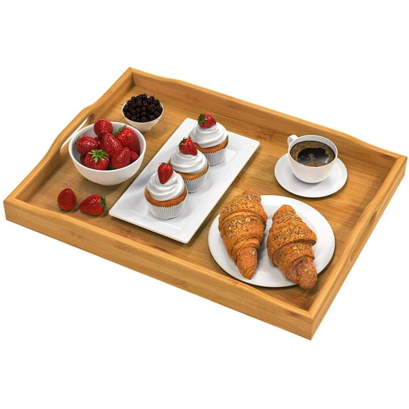 Bamboo Serving Tray with Handles Rectangular Wooden Breakfast Tray ...