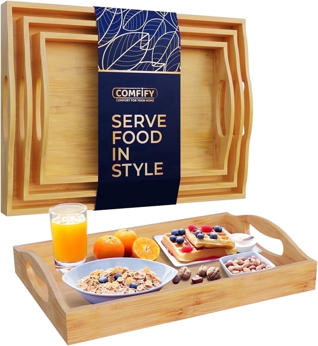 Comfify Bamboo Serving Trays, Set of 3 Nesting Ottoman and Coffee Table ...