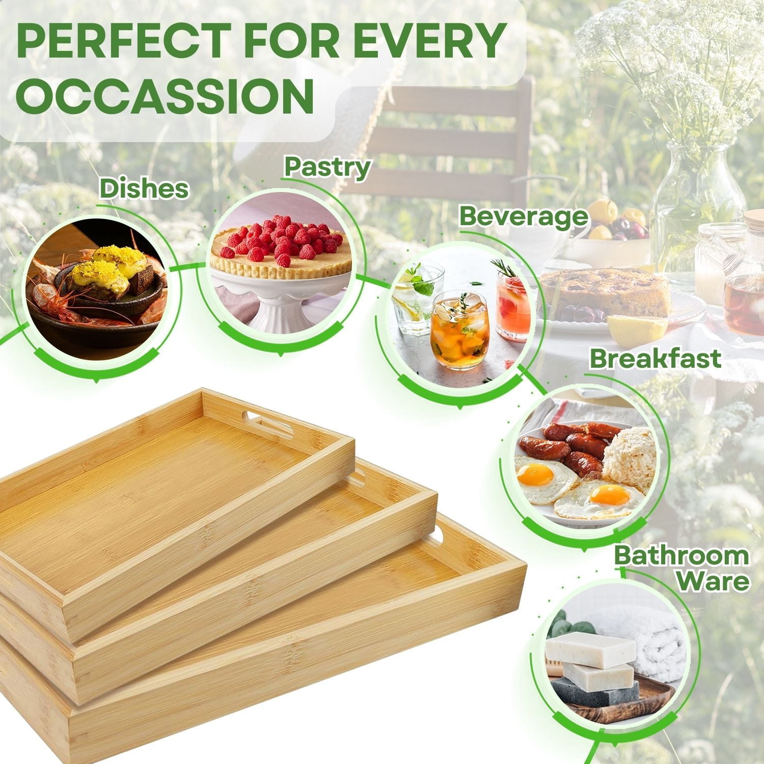 Bamboo Serving Trays with Handles - 3 Pack Traditional Wooden Food ...