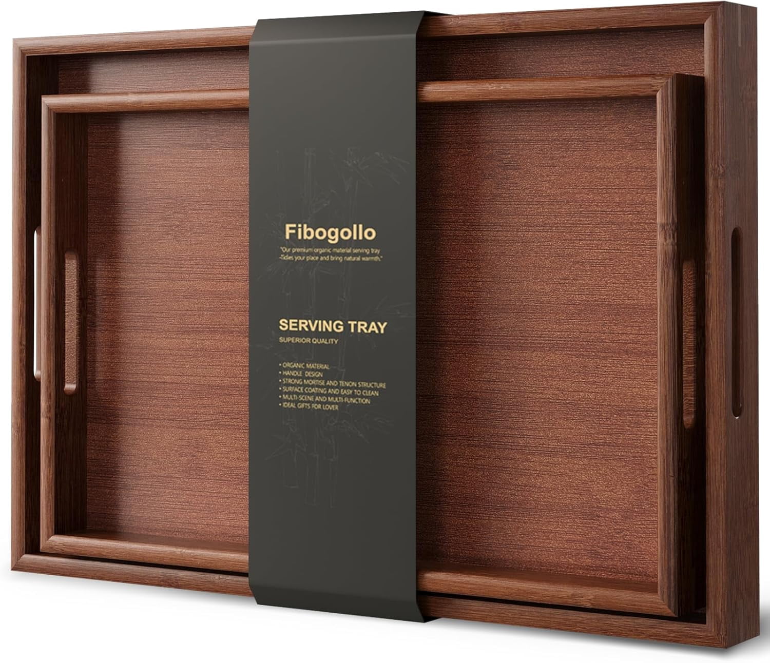 Bamboo Set of 2 Serving Tray with Handles,Decorative Trays Platter ...