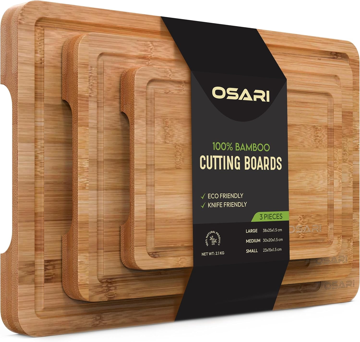 Bamboo Set of 3 - S ainable Kitchen Boards with Juice Grooves & Built ...