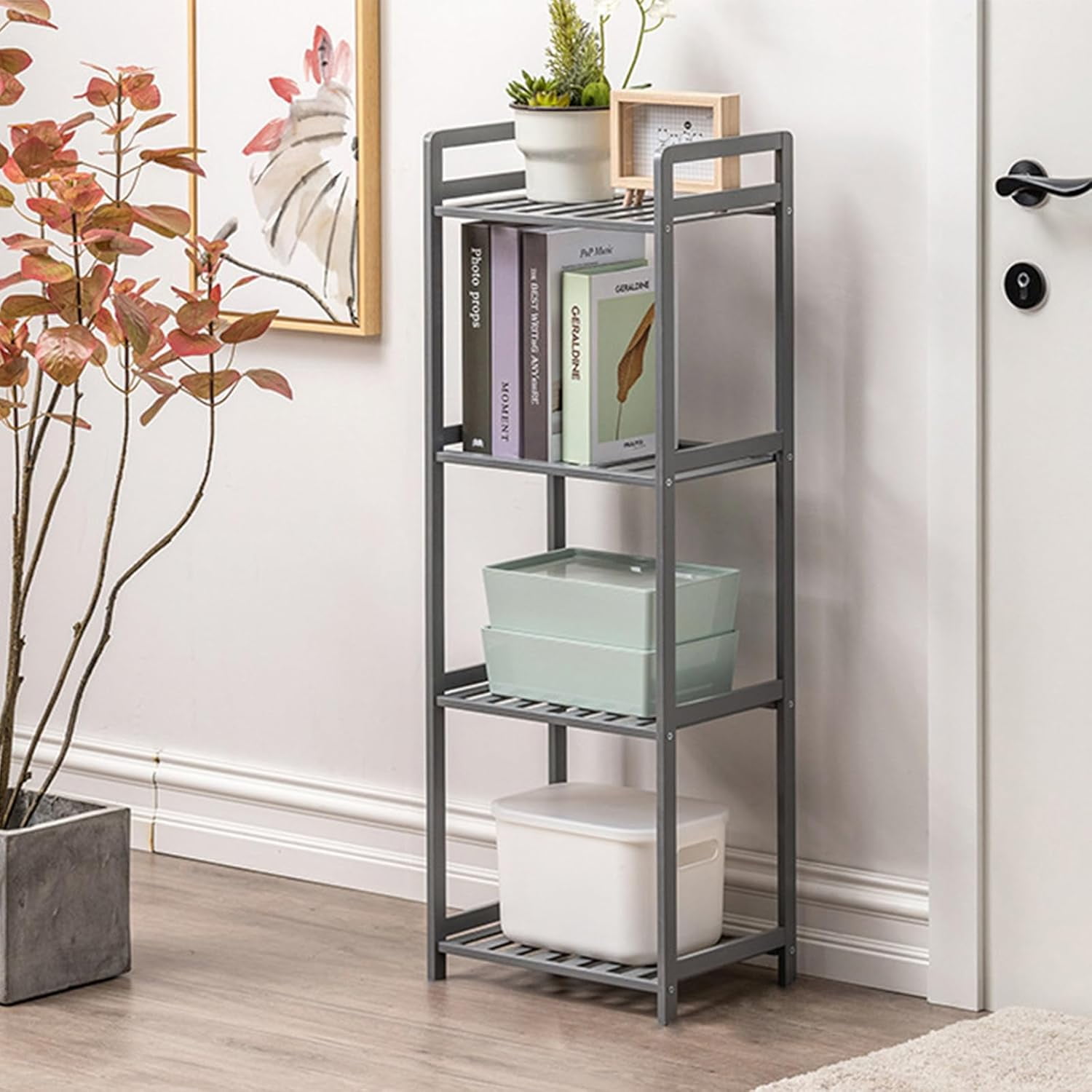 Bamboo Shelf, 4-Tier Bookcase Storage Shelves, Small Book Rack Shelving ...