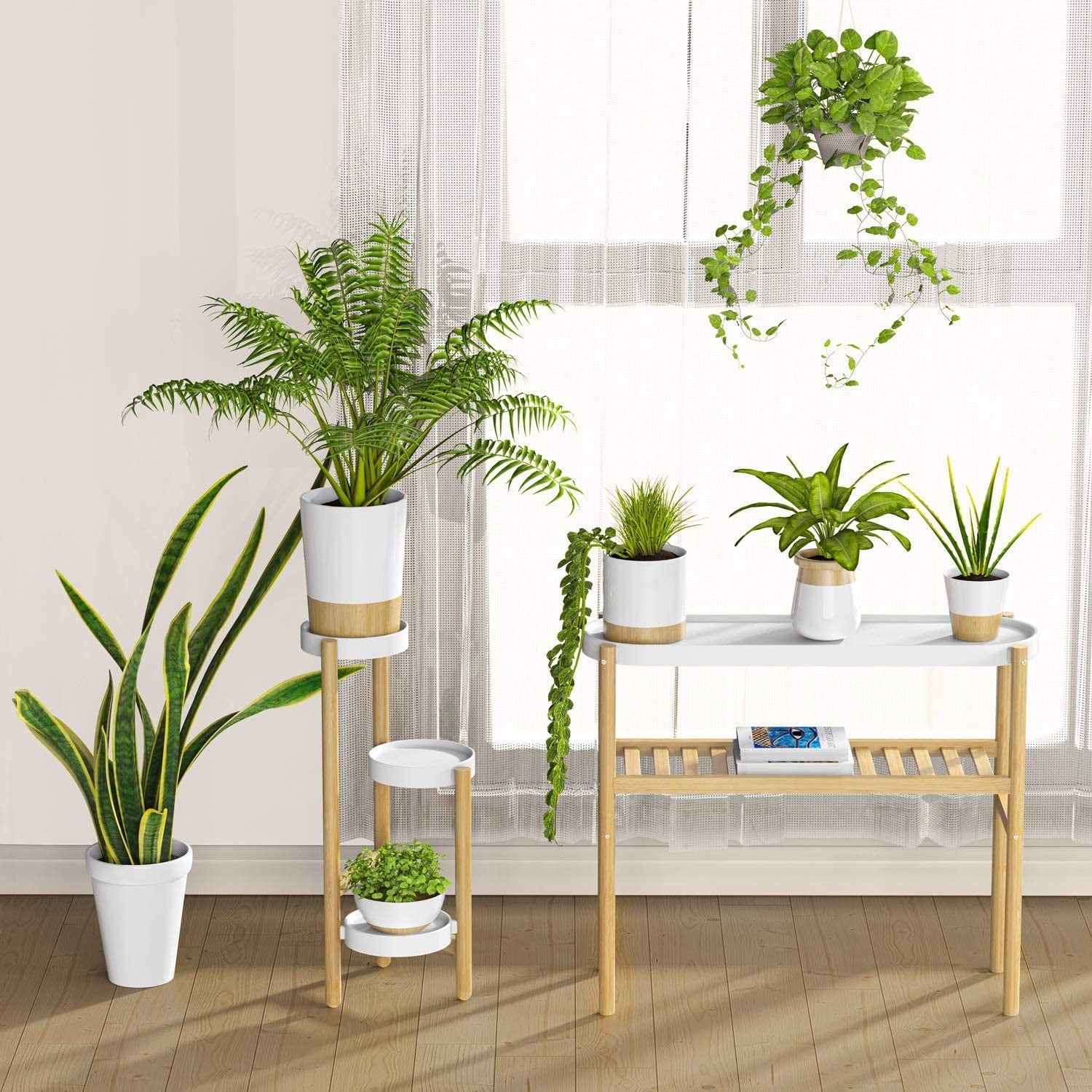 Bamboo Shelf Indoor, 2 Tier Window Tall Stand Table for Multiple Plants ...