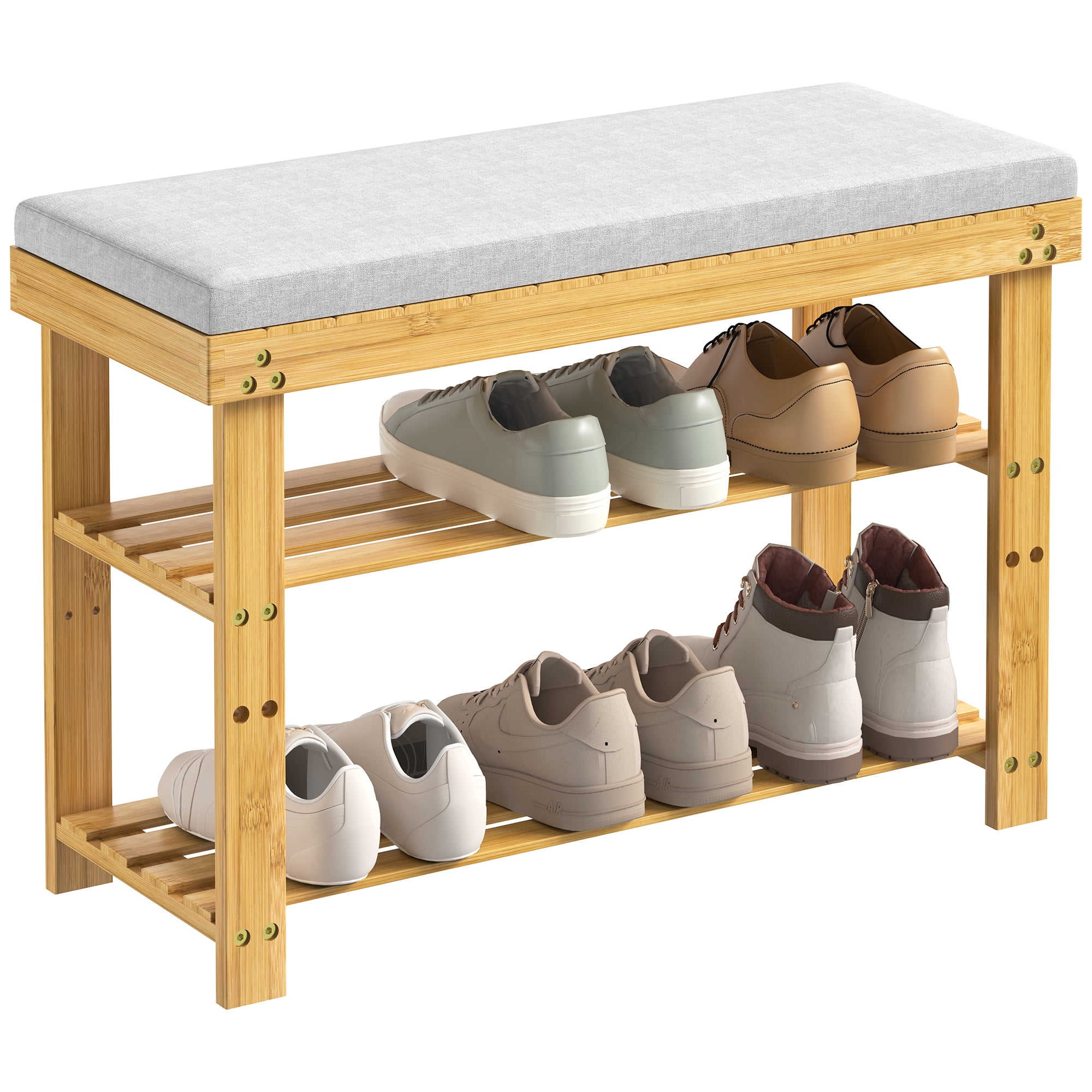 Bamboo Shoe Bench, 3-Tier Shoe Rack, Entryway Bench with Cushion and ...