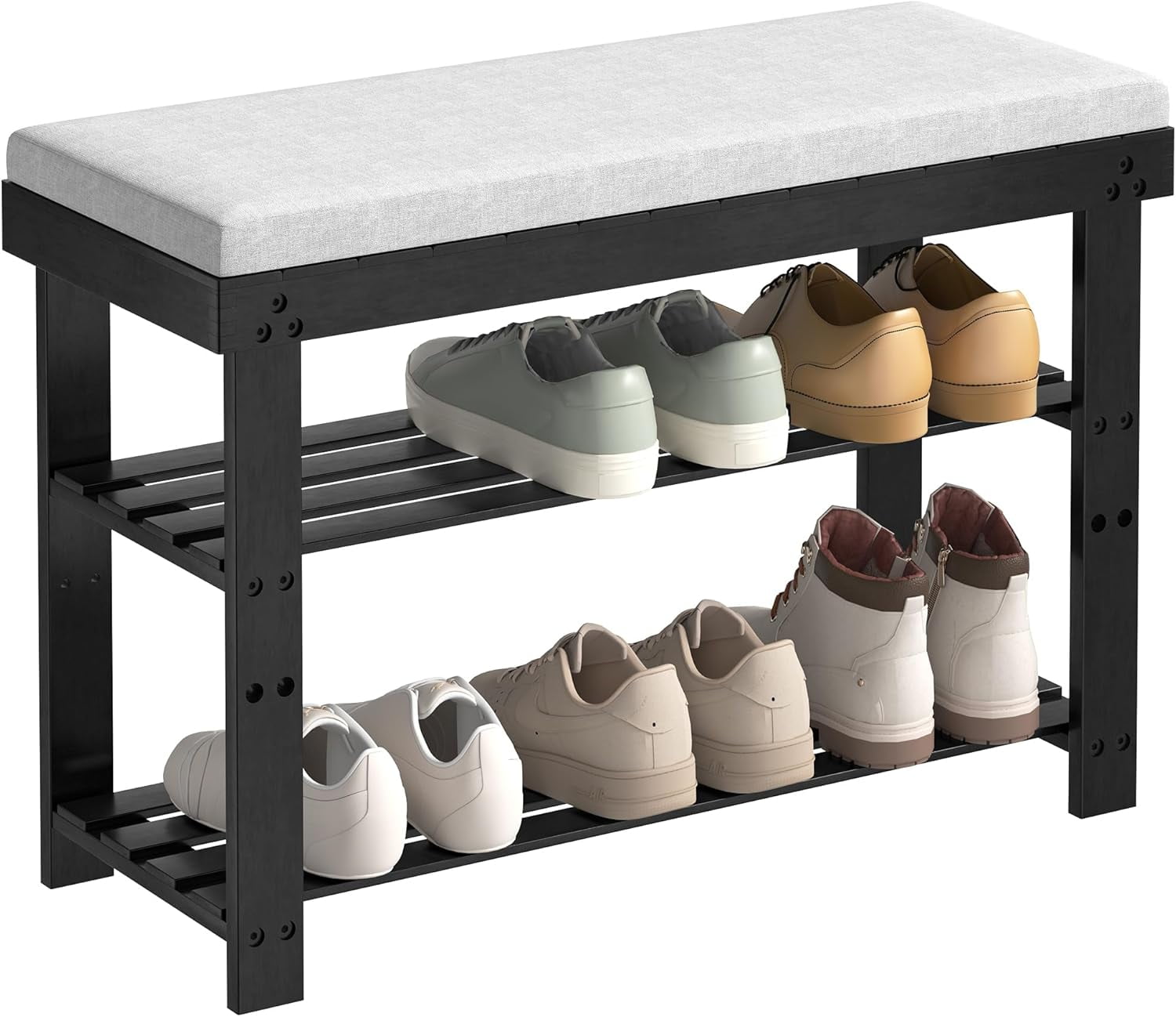 Bamboo Shoe Bench, 3-Tier Shoe Rack, Entryway Bench with Cushion and ...