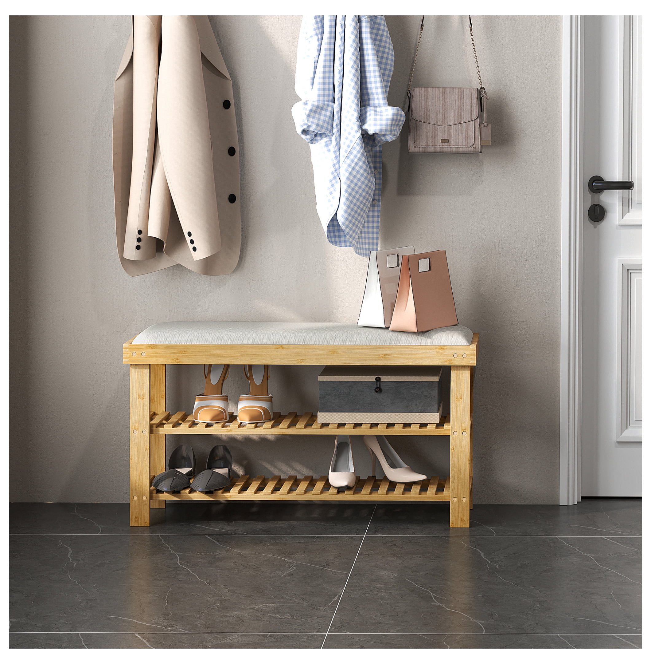 Bamboo Shoe Bench, Entryway Shoe Storage Organizer with Cushion, 3-Tier ...