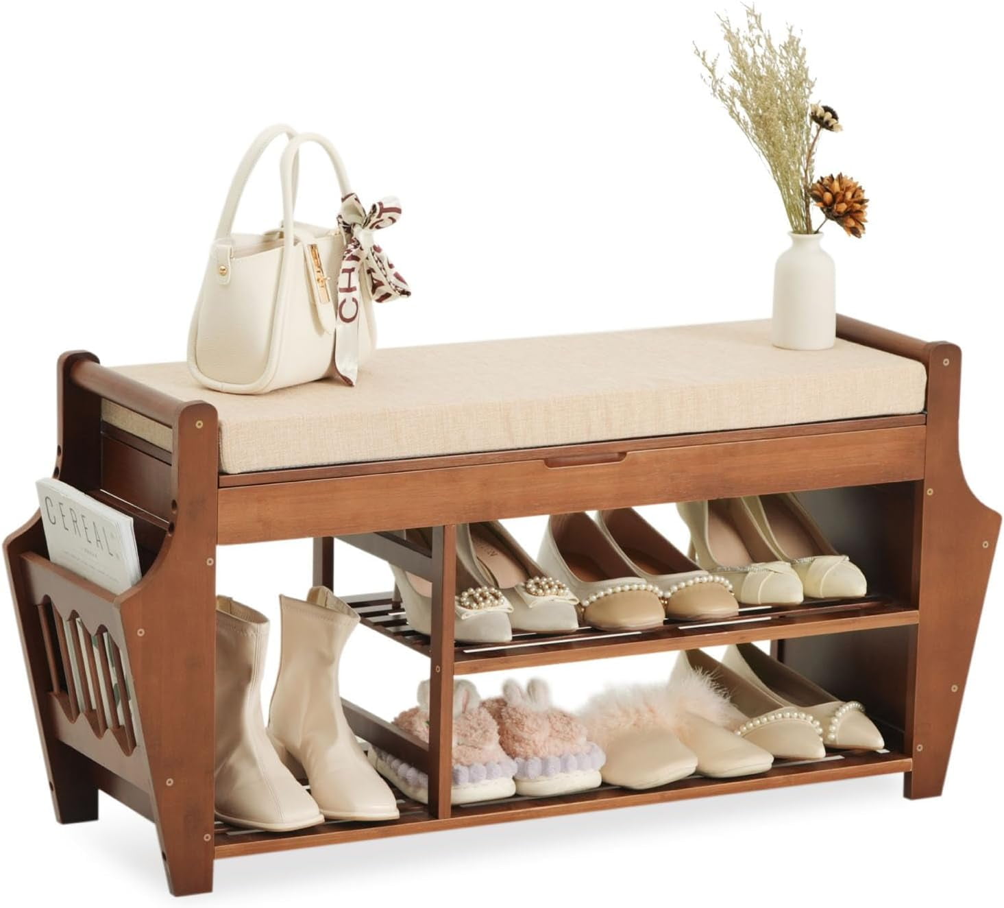 Bamboo Shoe Bench Rack with Storage, 2 Tier Entryway Shoe Bench, Shoe ...