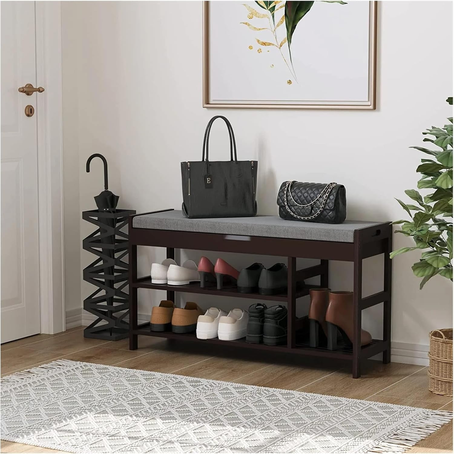 Bamboo Shoe Bench Rack with Storage, Entryway Storage Bench with Padded ...
