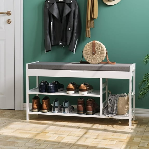 Bamboo Shoe Bench Rack with Storage, Entryway Storage Bench with Padded ...