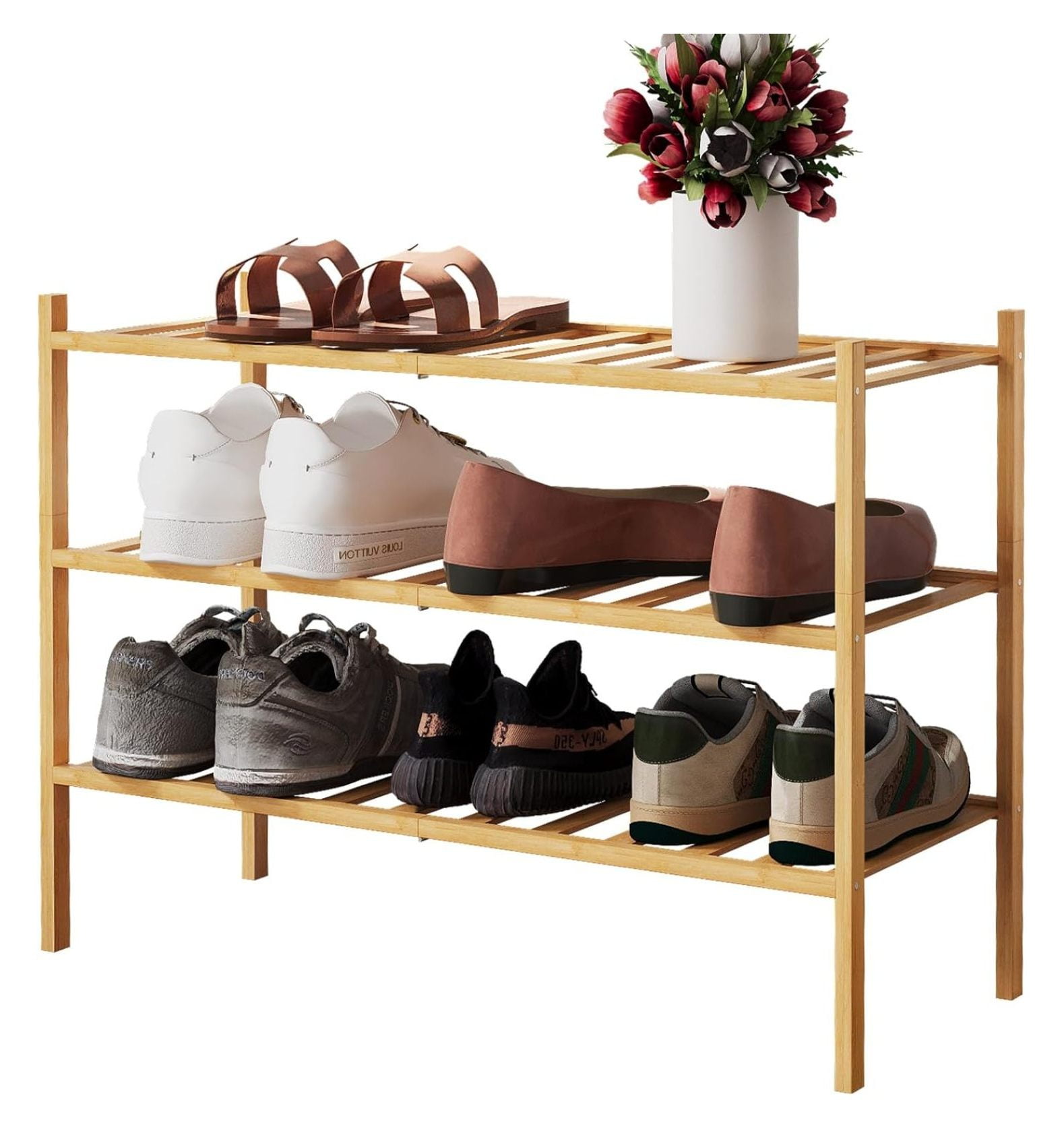 Bamboo Shoe Rack 3 Tier - Premium Stackable Shoe Organizer for Entryway ...