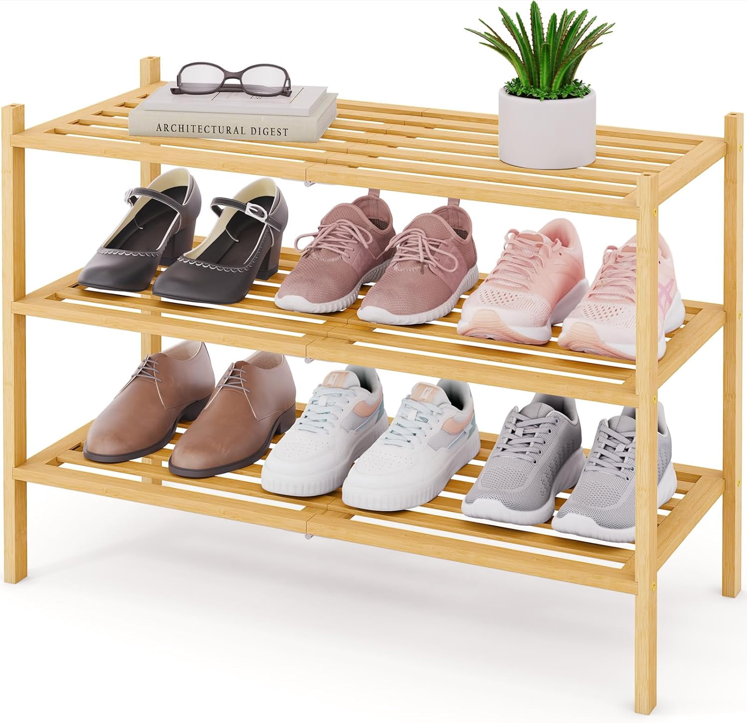 Bamboo Shoe Rack 3-Tier, Stackable Wooden Shoe Organizer for Entryway ...