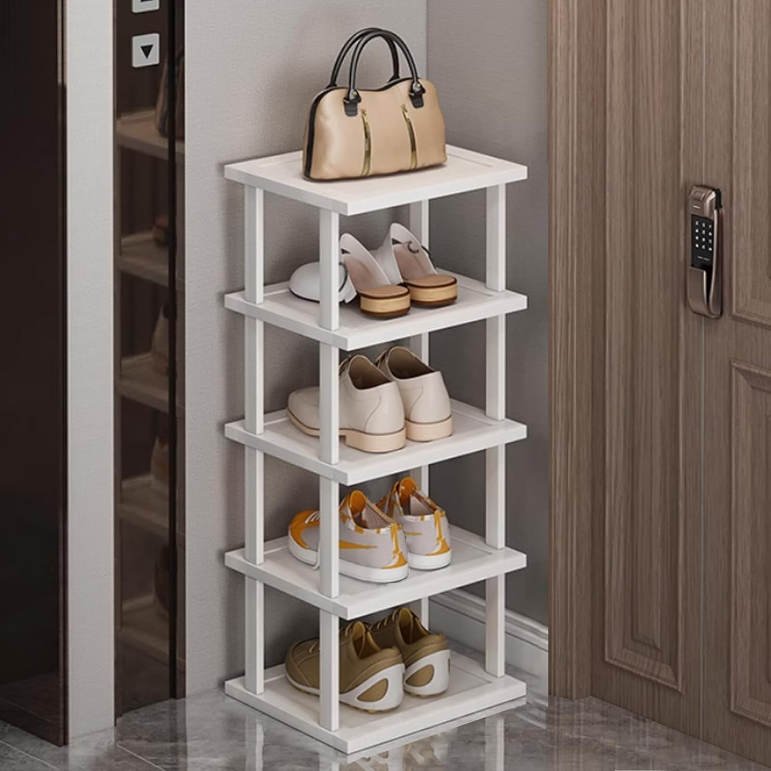 Bamboo Shoe Rack 5Tier- Vertical White Shoe Rack for Small Spaces, Tall ...