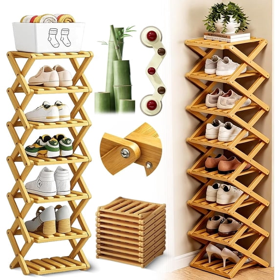 Bamboo Shoe Rack, No Assembly Needed, 9-Tier Tall Narrow Foldable Shoe ...