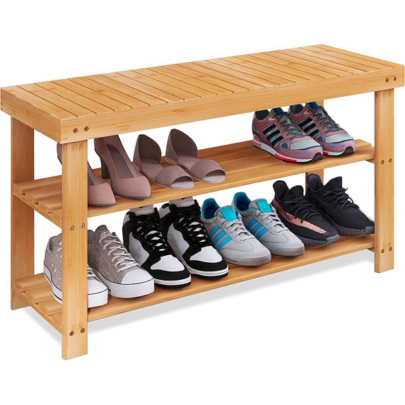 Bamboo Shoe Rack Bench, 3-Tier Shoe Organizer Storage Shelf for ...