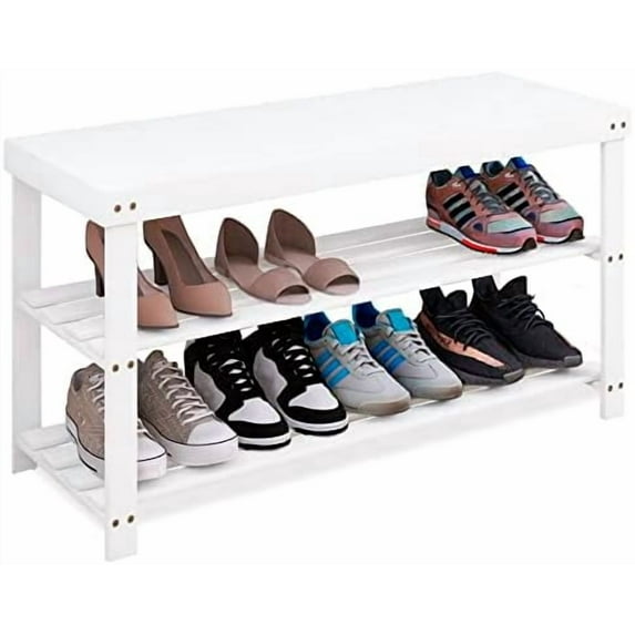 Bamboo Shoe Rack Bench, 3-Tier Shoe Organizer Storage Shelf for ...