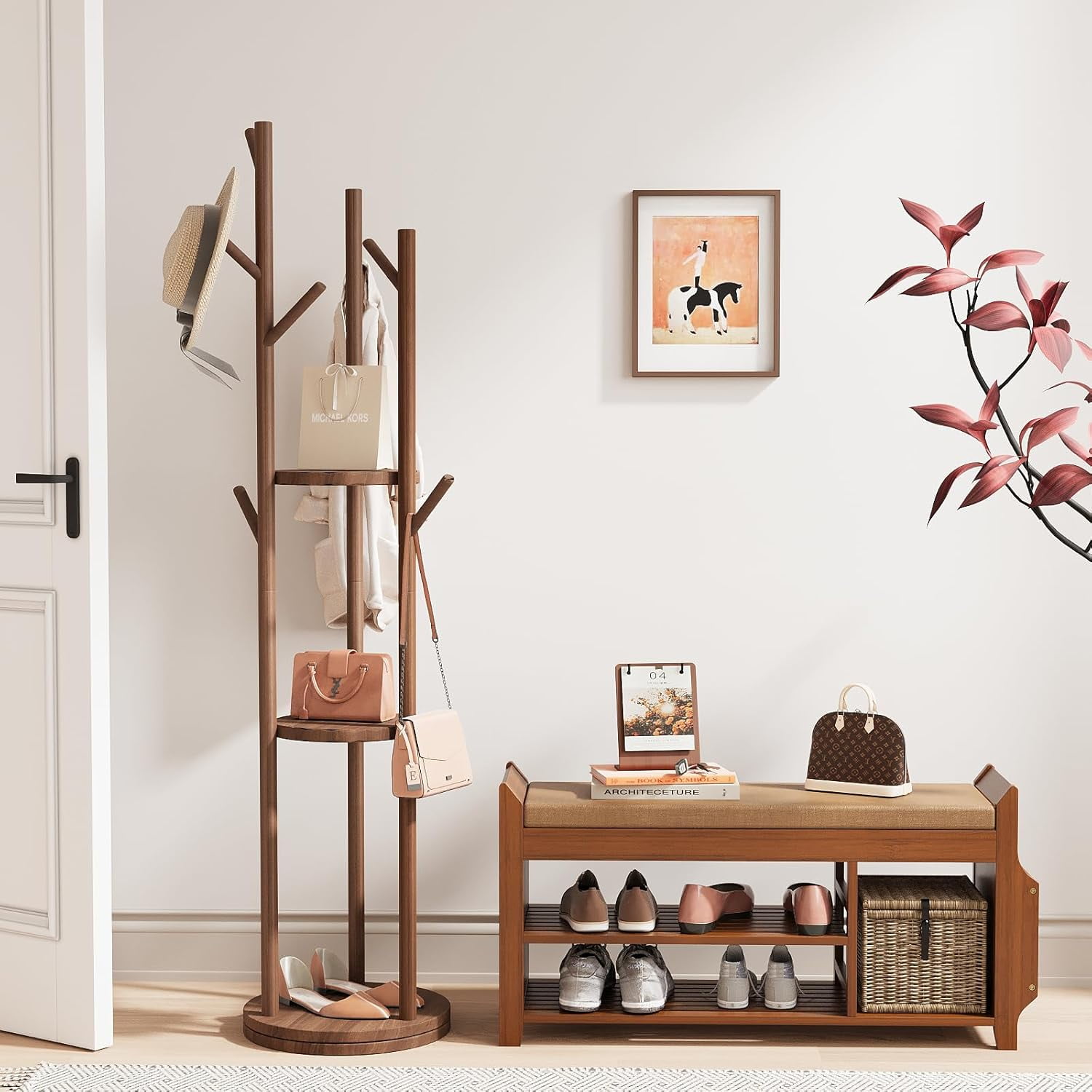 Bamboo Shoe Rack Bench with Removable Cushion, 2 Tier Entryway Shoe ...