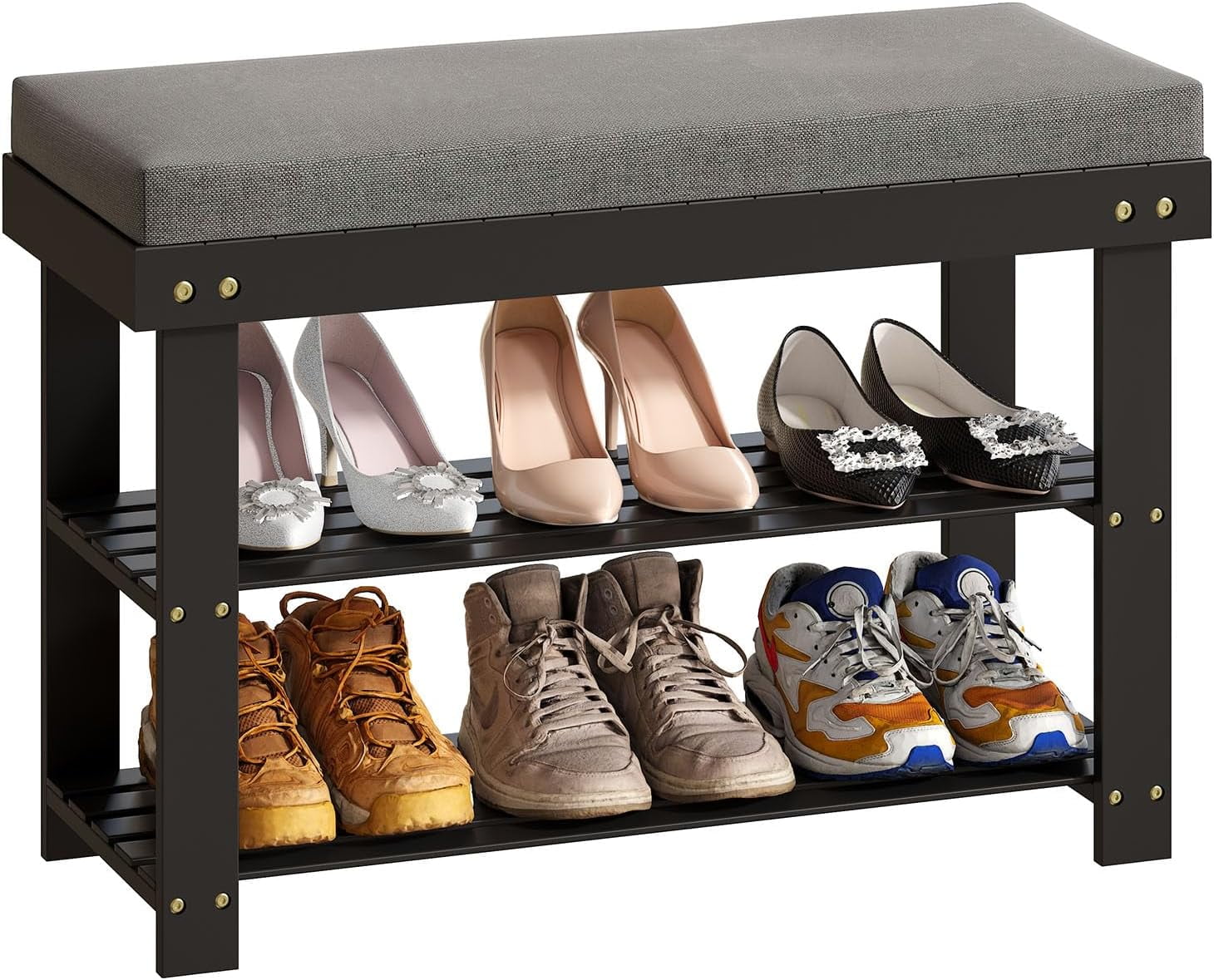 Bamboo Shoe Rack Bench, Storage Organizer with Padded Seat, 3-Tier Shoe ...