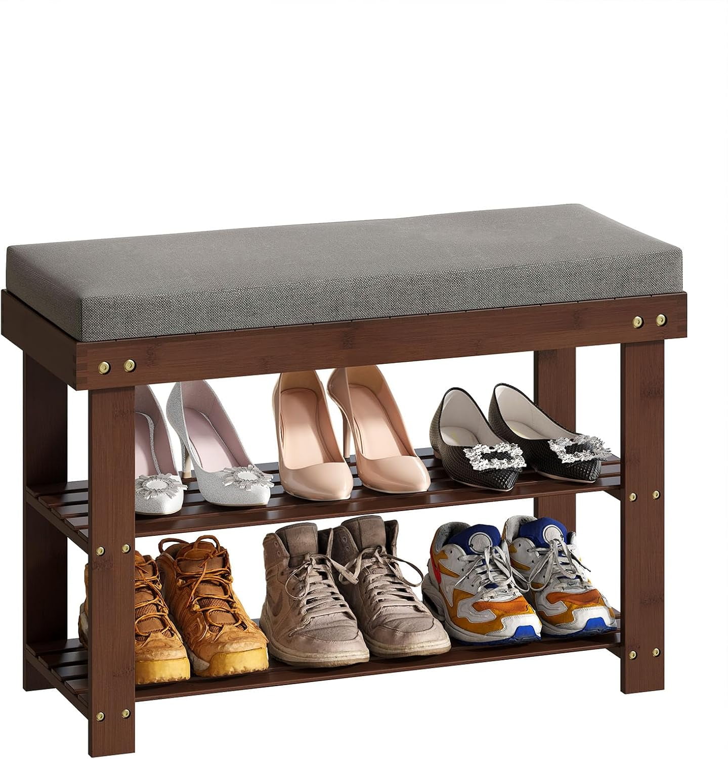 Bamboo Shoe Rack Bench,Storage Organizer with Padded seat,3-Tier Shoe ...
