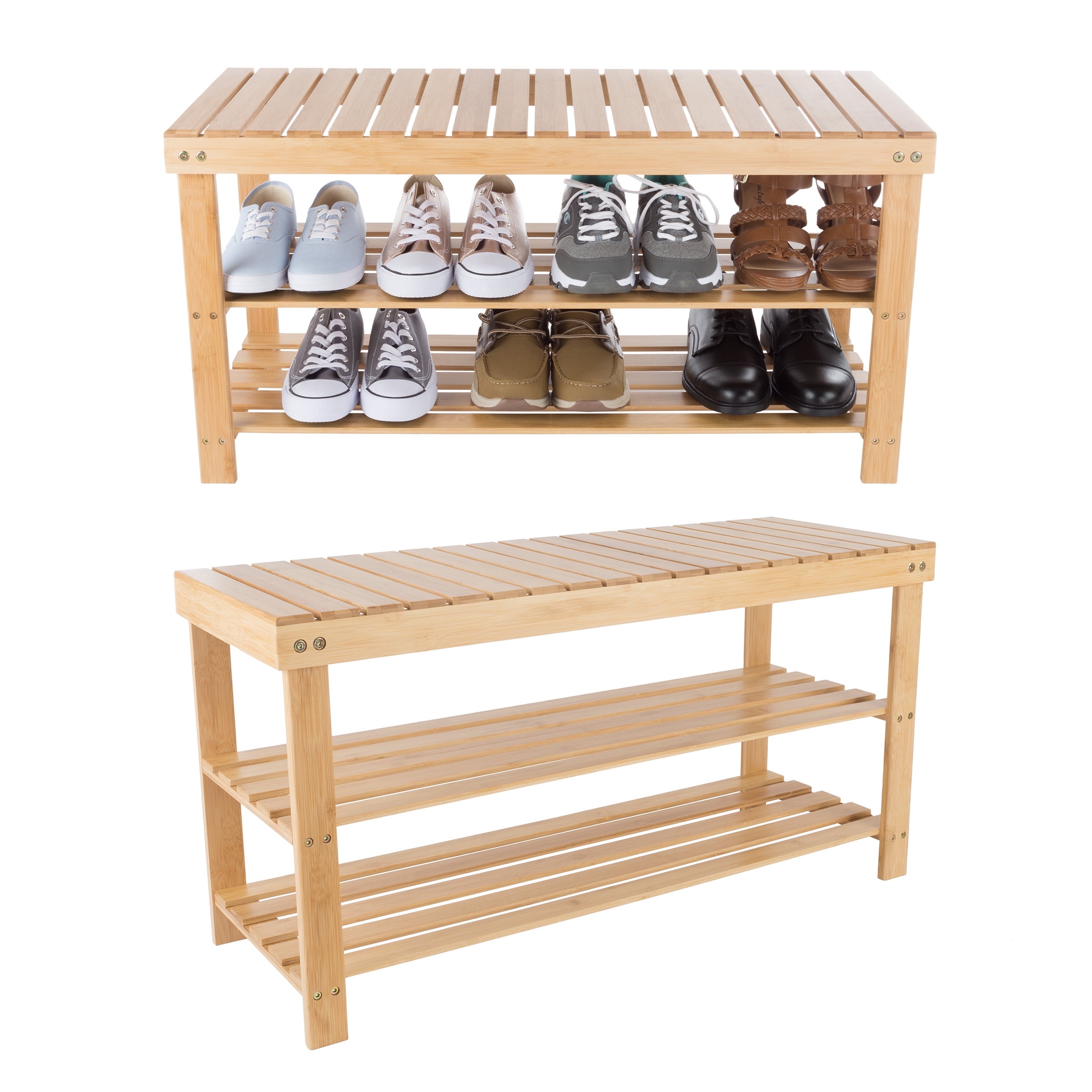 Bamboo Shoe Rack Bench with 2 Shelves-Eco-Friendly Natural Wood Seat ...