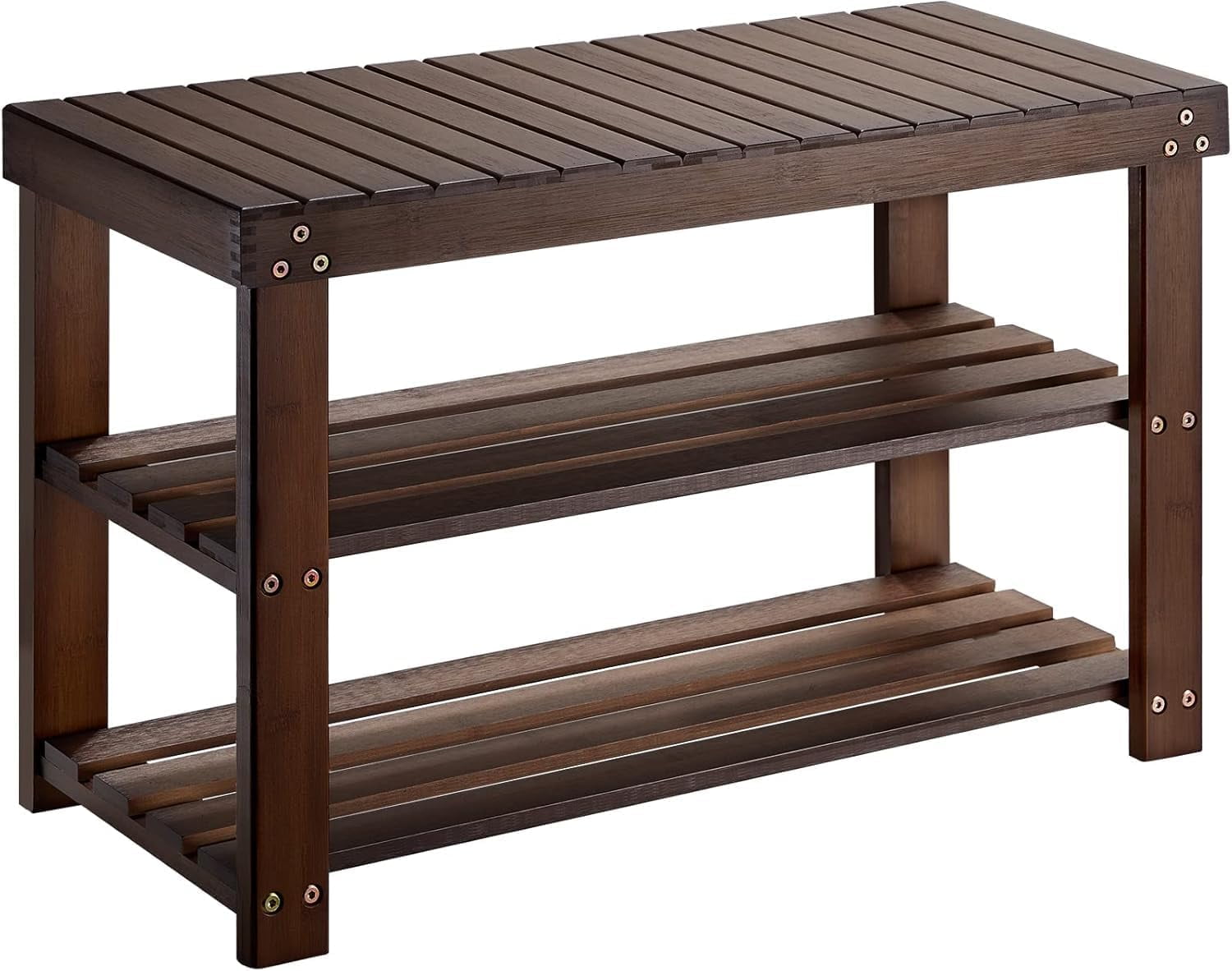Bamboo Shoe Rack Bench with 3-Tier Storage, Brown, 27.5"W x 11"D x 17.5 ...