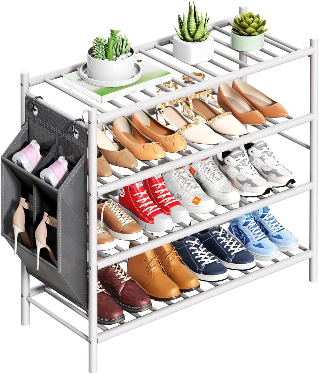 Bamboo Shoe Rack for Closet Small Wooden Shoe Organizer with Pouch ...